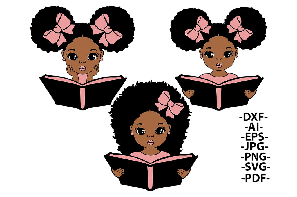 Girl Reading Book Svg, Black Girl Bundle, School, Girl learning, Puff ...