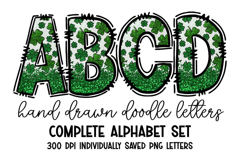 Glitter Clover St Patrick's Day Doodle Letters Alphabet Set - So Fontsy