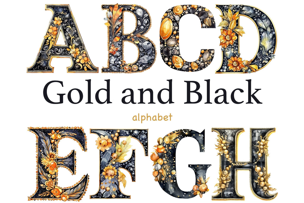 Gold and Black Alphabet Clipart | Retro Letters PNG - So Fontsy