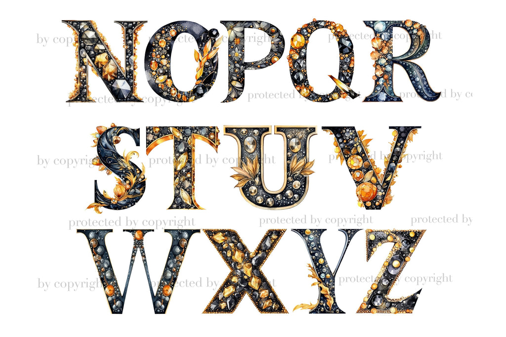 Gold and Black Alphabet Clipart | Retro Letters PNG - So Fontsy