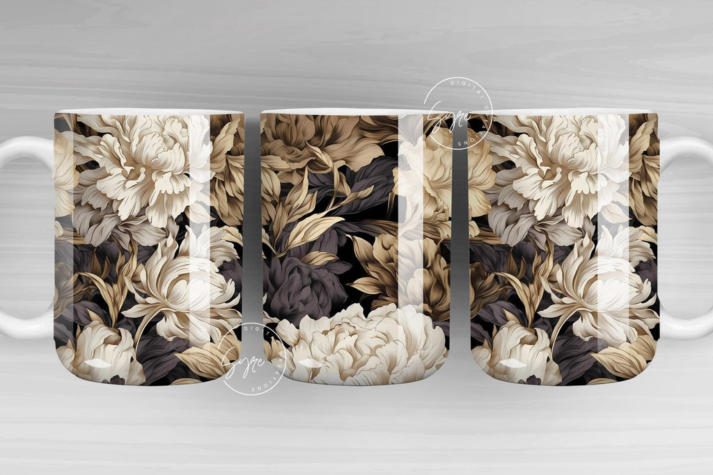 Gold Floral Mug, Black And Gold Foil Print Mug, 3D Mural Mug, Earthy ...