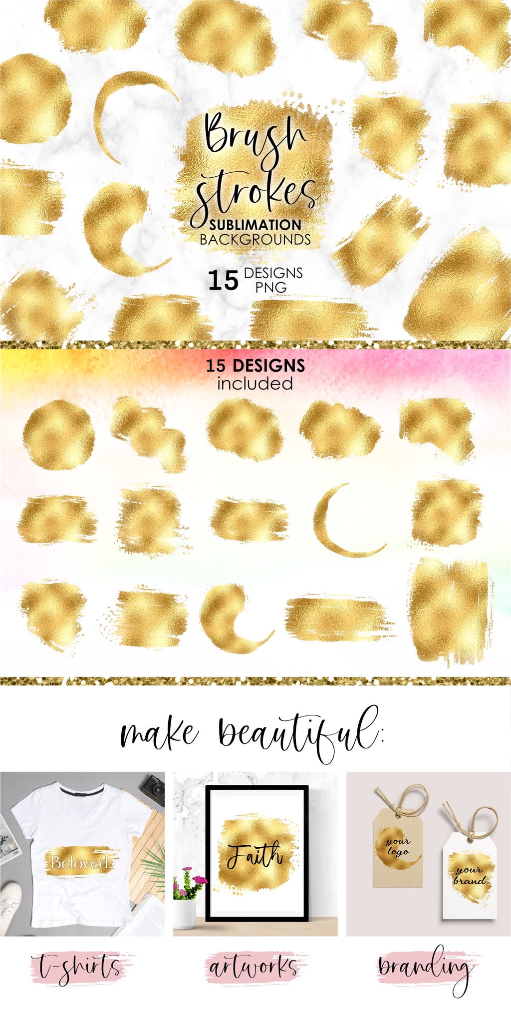 Gold Foil Brush Stroke Background Sublimation Bundle Png brush stroke ...