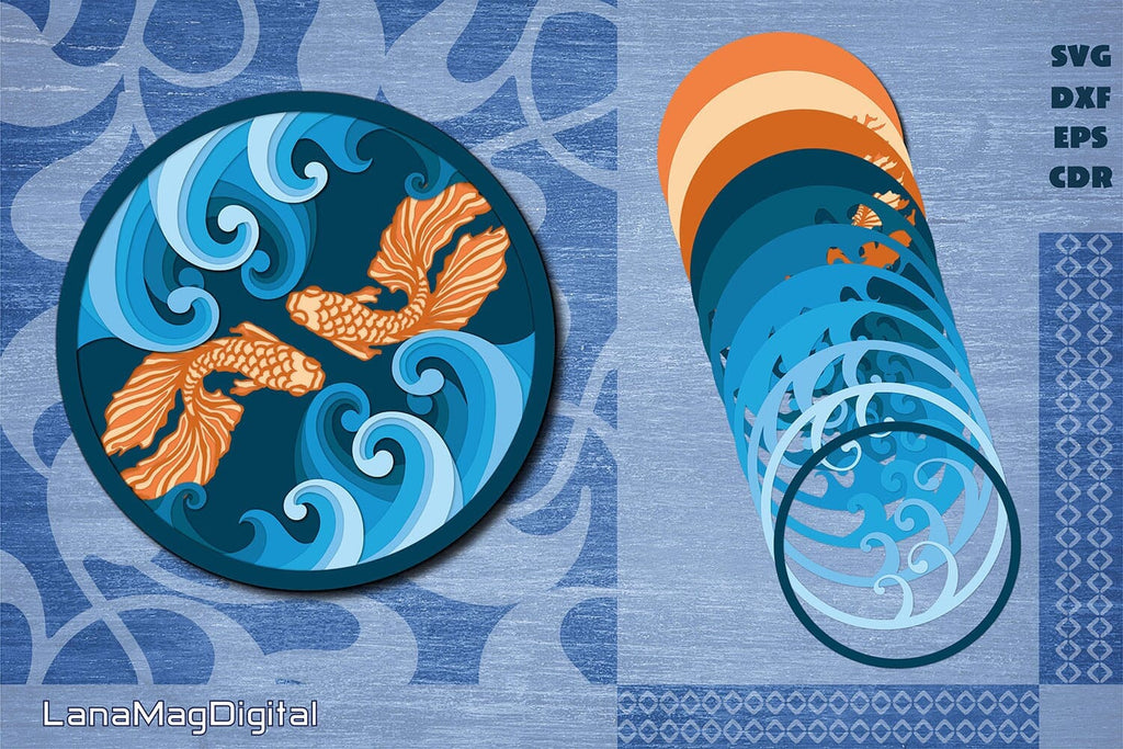 Goldfish layered svg, Layered golden koi fish svg, Layered Waves svg ...
