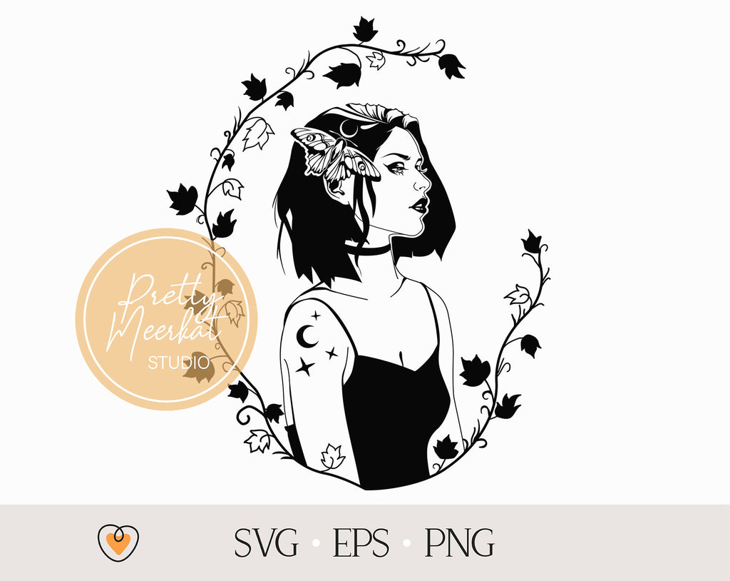 Goth Girl with Moth svg, Magical svg, Witchy svg, png files - So Fontsy