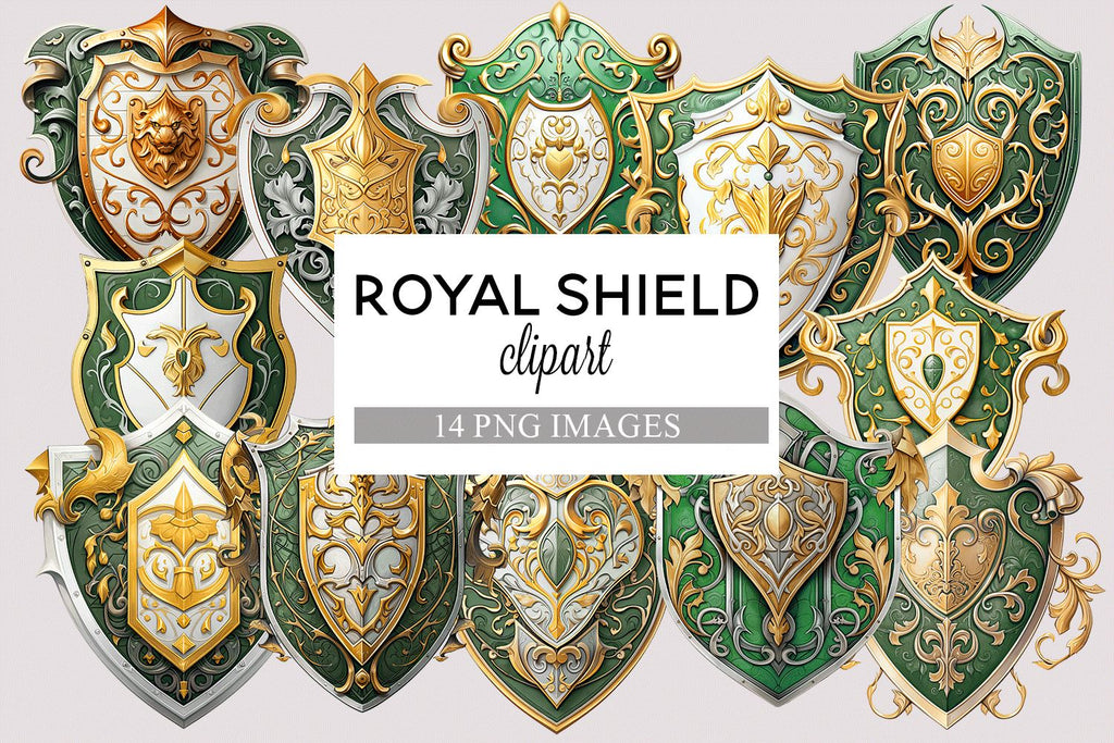 Green & Gold Royal Knight Shields Clipart - 13 PNG Images - So Fontsy