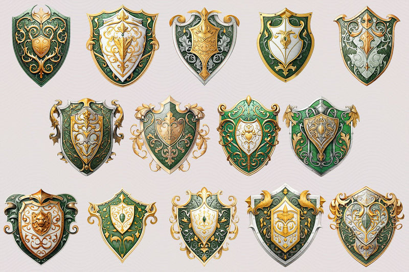 Green & Gold Royal Knight Shields Clipart - 13 PNG Images - So Fontsy