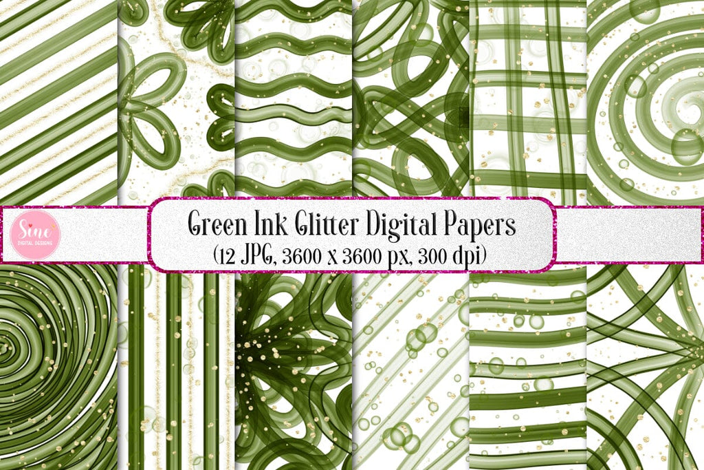 Green Ink Glitter Digital Papers Backgrounds Set - So Fontsy