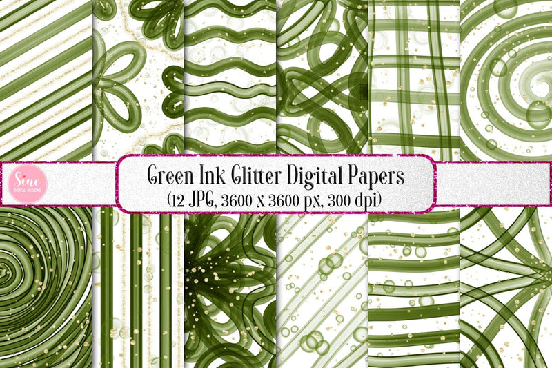 Green Ink Glitter Digital Papers Backgrounds Set - So Fontsy