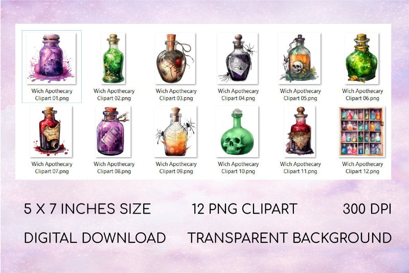 Halloween Apothecary Watercolor Clipart, Magic Potion Bottle - So Fontsy