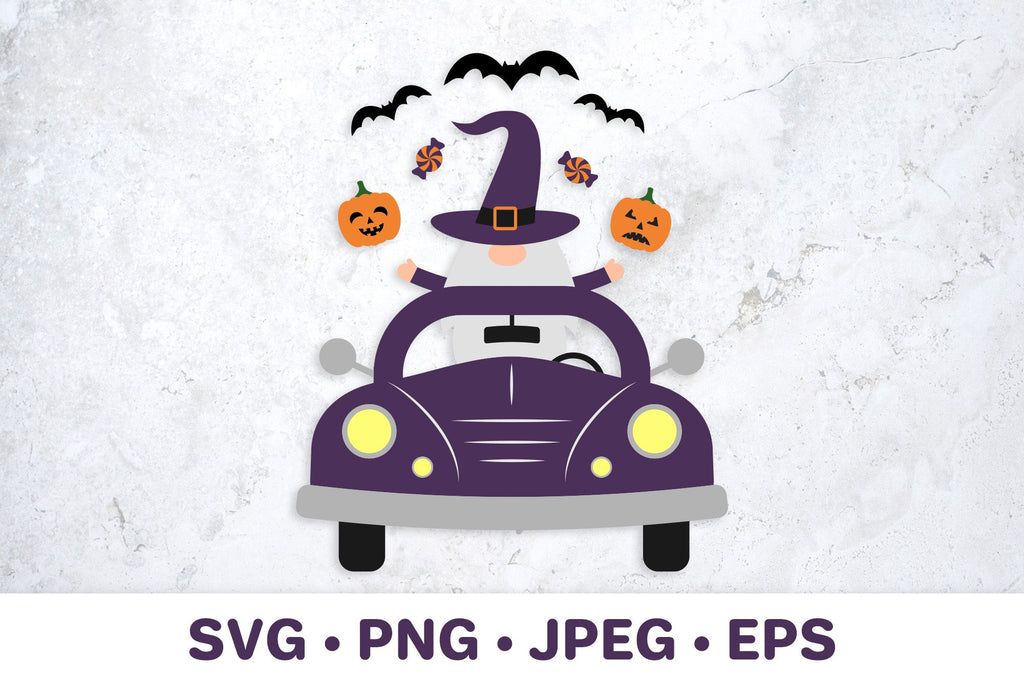 Halloween retro truck with gnome. Halloween car SVG - So Fontsy