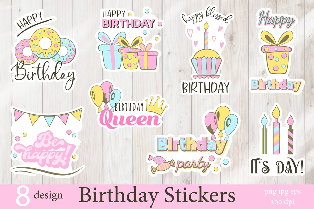 Happy Birthday Stickers PNG. Birthday Stickers Bundle - So Fontsy
