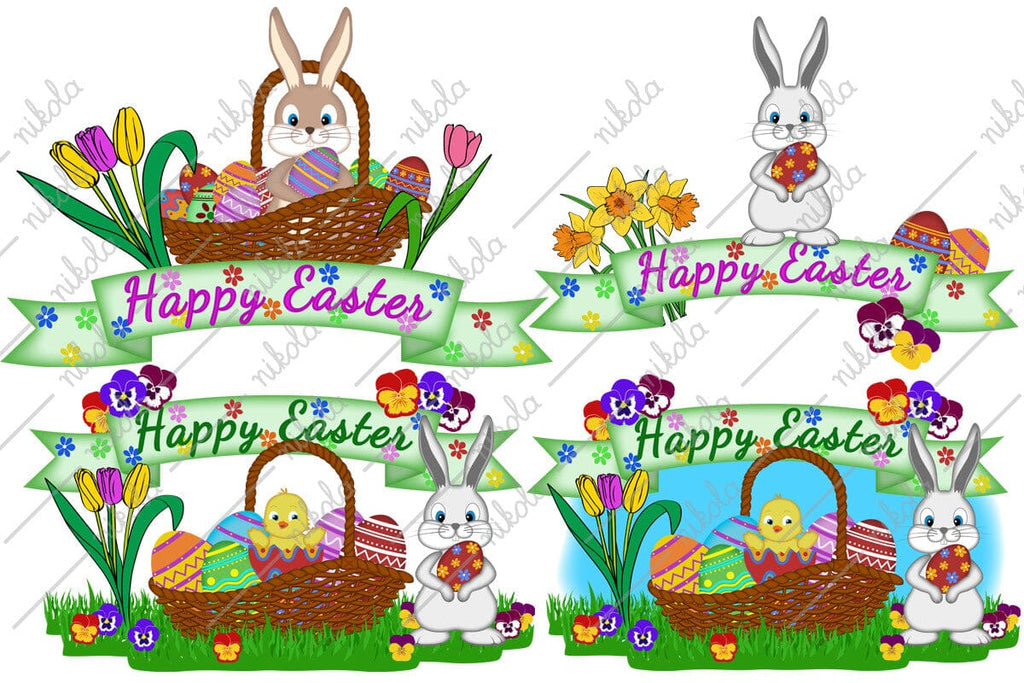 Happy Easter Banner Sign Bundle Easter Bunny Chick PNG - So Fontsy