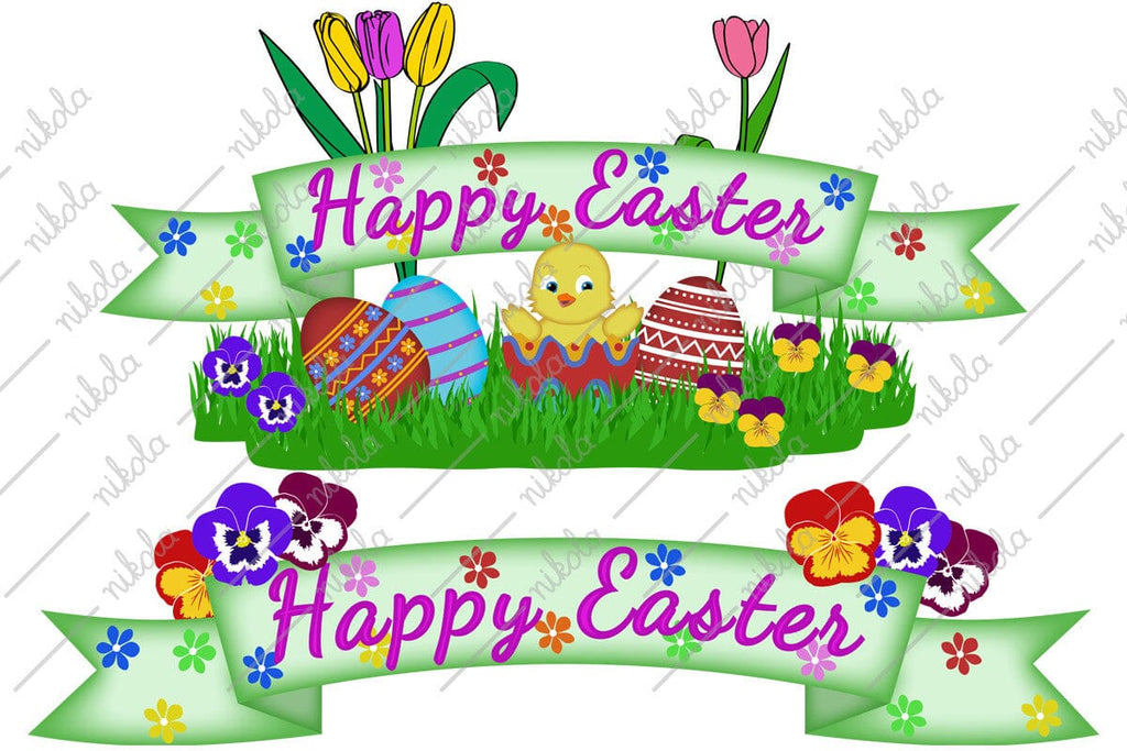 Happy Easter Banner Sign Bundle Easter Bunny Chick PNG - So Fontsy