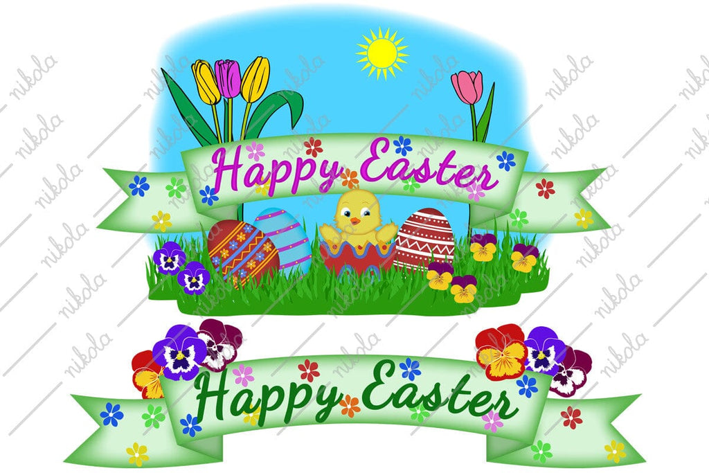 Happy Easter Banner Sign Bundle Easter Bunny Chick PNG - So Fontsy