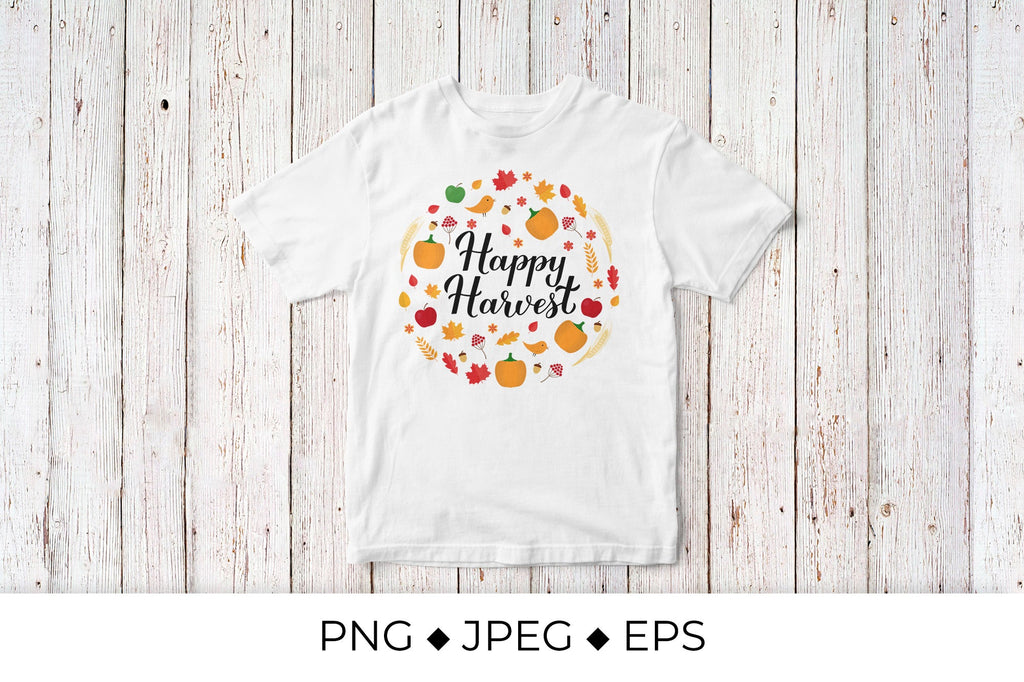 Happy Harvest calligraphy lettering with fall leaves, pumpkins and ...