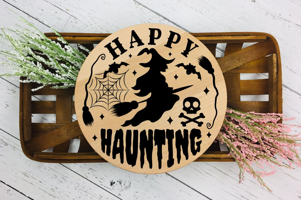 Happy Haunting SVG, Halloween Round Sign SVG - So Fontsy
