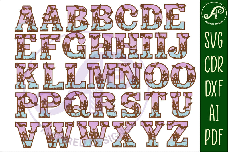 Haunted house Halloween alphabet letter set. 35 layered - So Fontsy