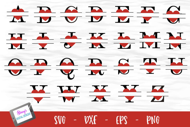 Heart Split Letters A-Z | 26 Valentine Monogram SVGs - So Fontsy