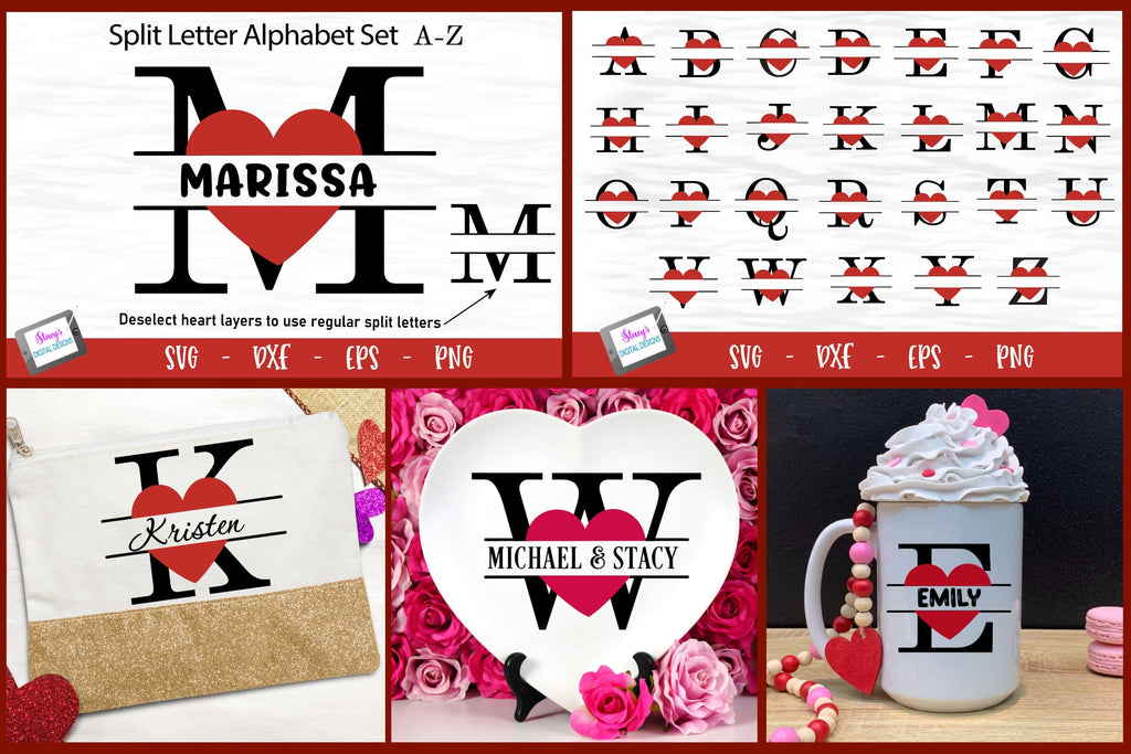 Heart Split Letters A-Z | 26 Valentine Monogram SVGs - So Fontsy