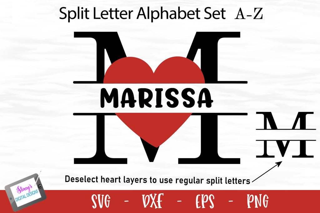 Heart Split Letters A-Z | 26 Valentine Monogram SVGs - So Fontsy