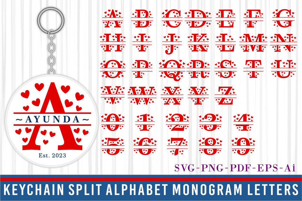 Heart Split Monogram Letters SVG Set A-Z, Monogram Keychain SVG ...