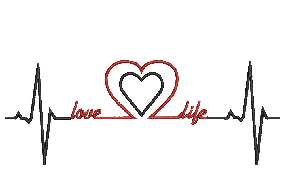 Heartbeat embroidery design, Love and life embroidery design, 3 sizes ...