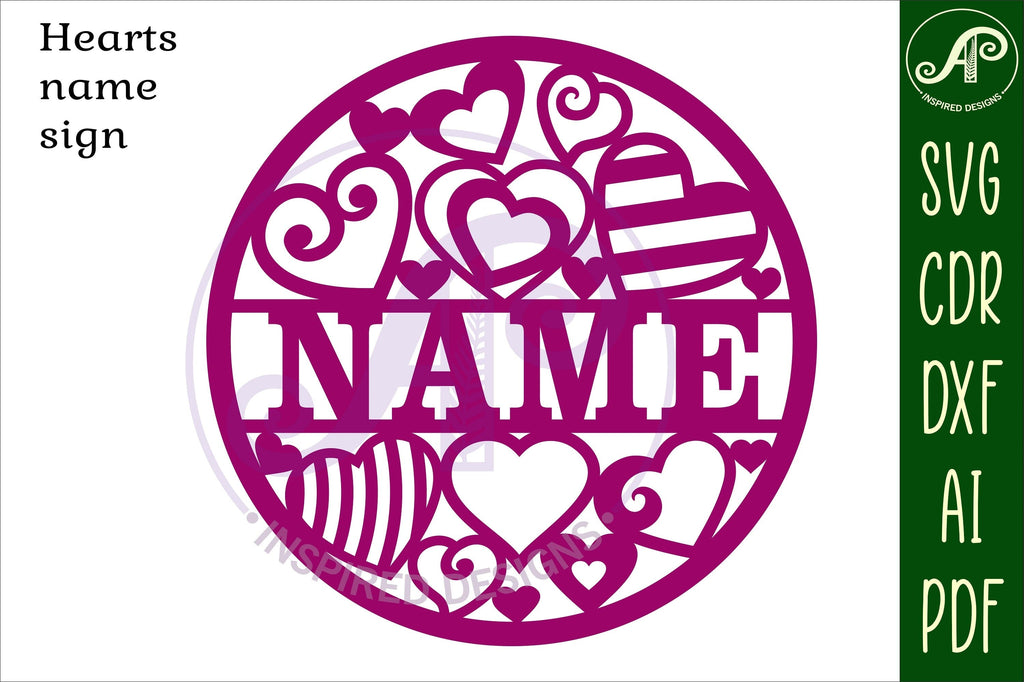 Hearts name sign svg laser cut template - So Fontsy