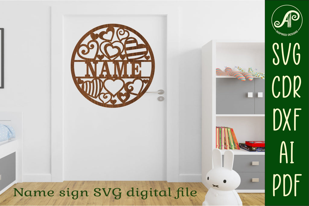 Hearts name sign svg laser cut template - So Fontsy