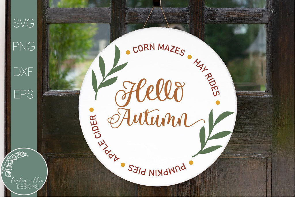Hello Autumn Wood Round Sign SVG-Farmhouse Round SVG - So Fontsy