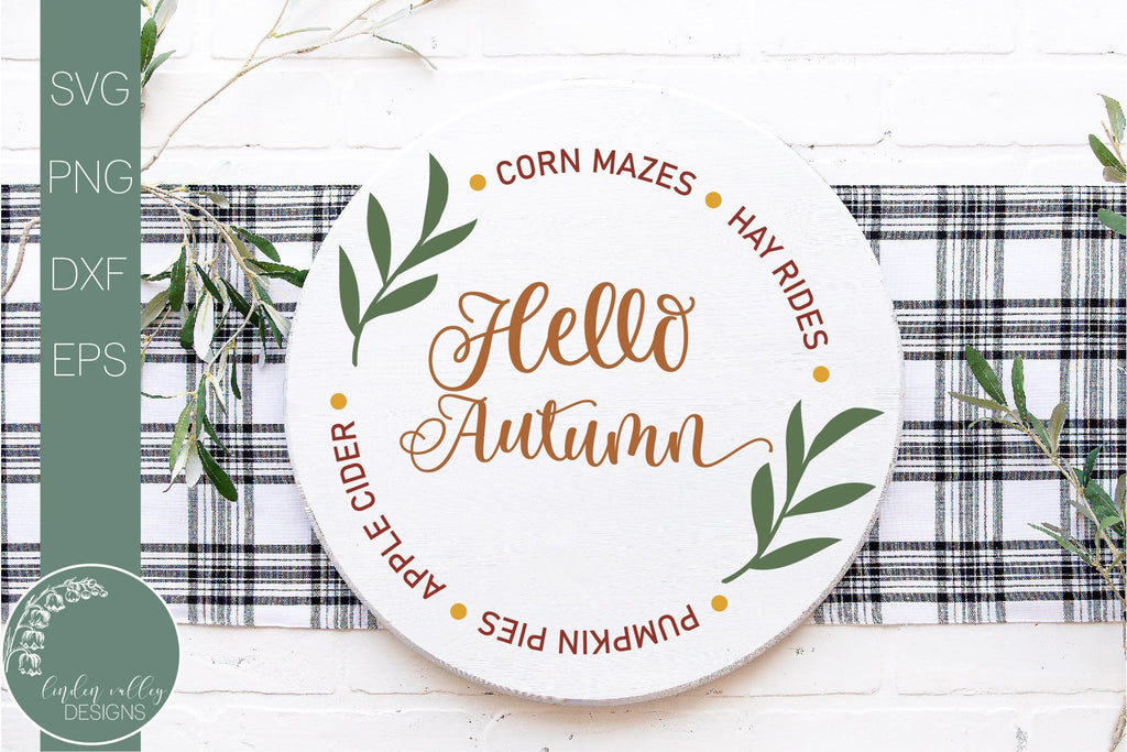 Hello Autumn Wood Round Sign SVG-Farmhouse Round SVG - So Fontsy