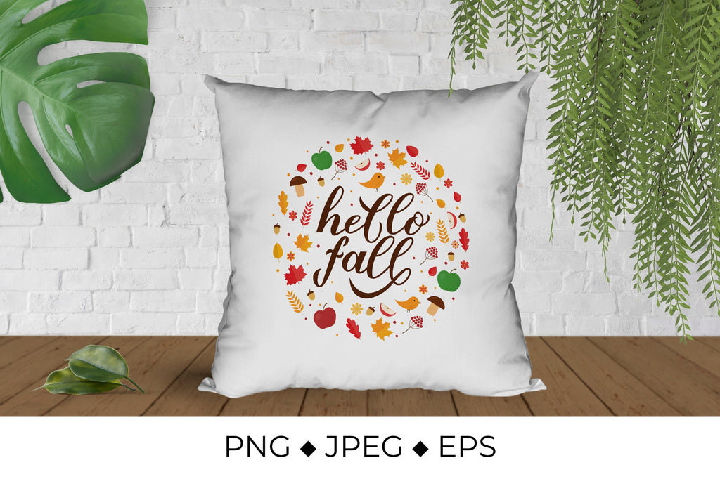 Hello fall calligraphy in circle frame of leaves and acorns - So Fontsy