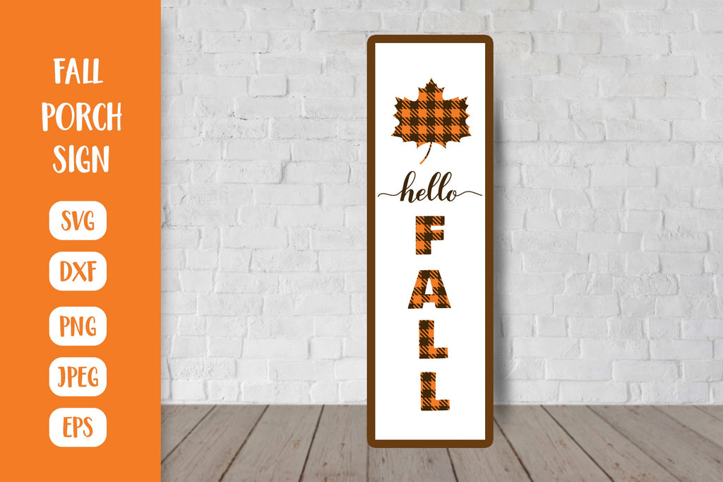 Hello Fall Porch Sign SVG. Autumn Vertical Front Sign - So Fontsy