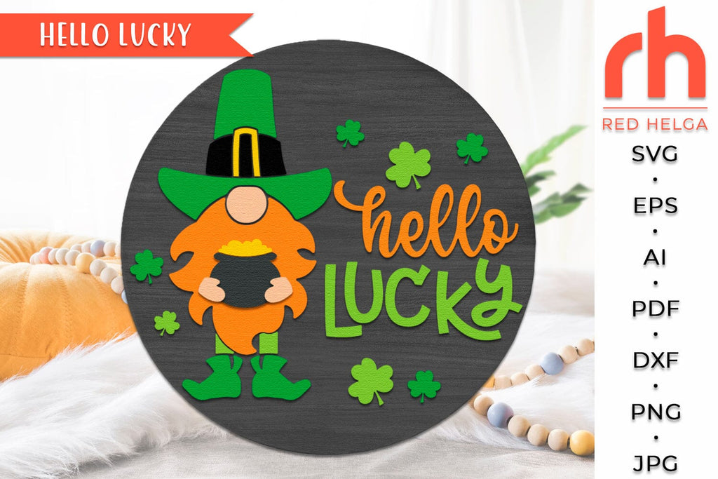 Hello Lucky SVG, Round Hanger Cut File, Gnome Door Sign DXF - So Fontsy