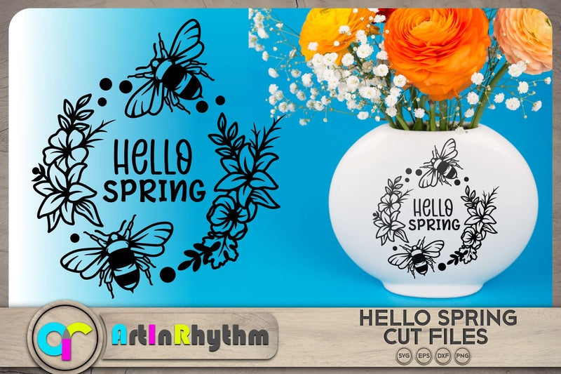 Hello spring / Wreath SVG / Flowers and bees - So Fontsy