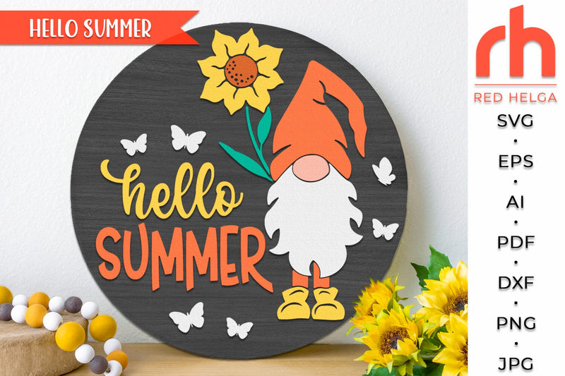 Hello Summer SVG, Round Hanger Cut File, Gnome with Sunflower DXF ...