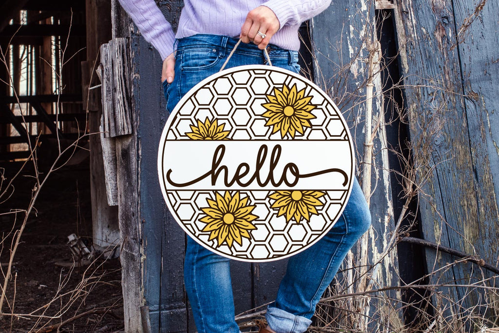 Hello Sunflower Round Sign SVG Cut File - So Fontsy