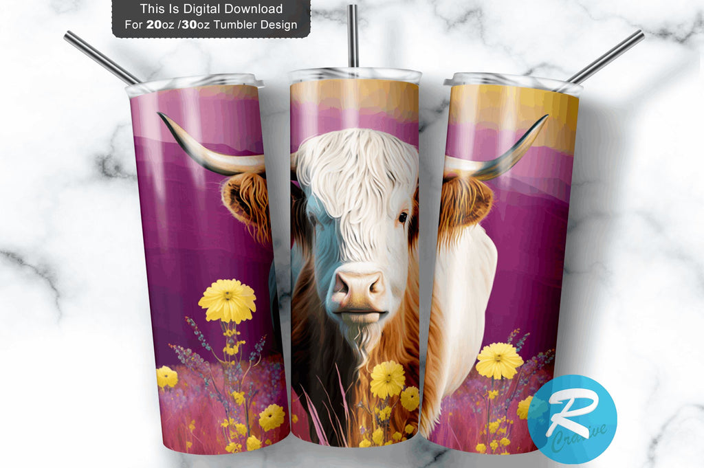 Highland Cow Flax Flower 20 oz / 30 oz Skinny Tumbler - So Fontsy