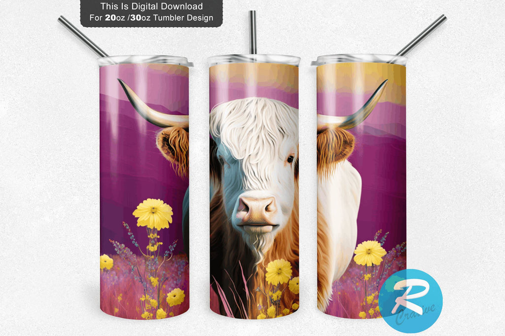 Highland Cow Flax Flower 20 oz / 30 oz Skinny Tumbler - So Fontsy