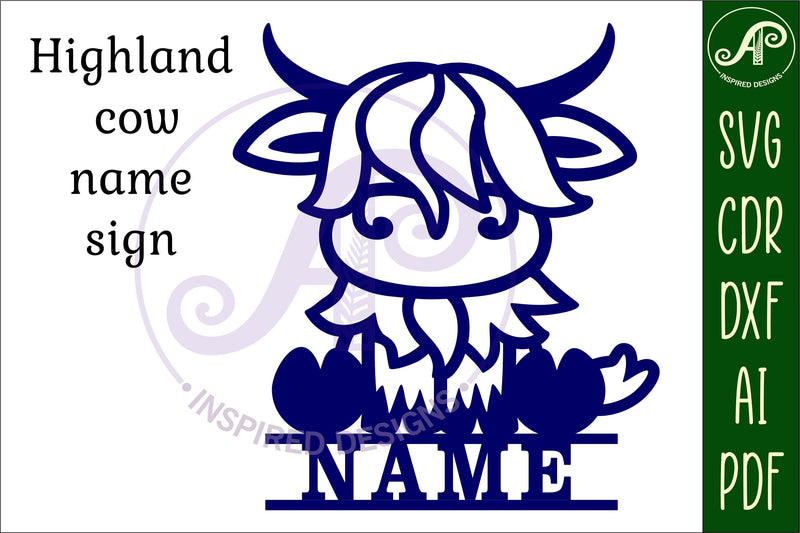 Highland Cow Name sign SVG laser cut template farm animal - So Fontsy
