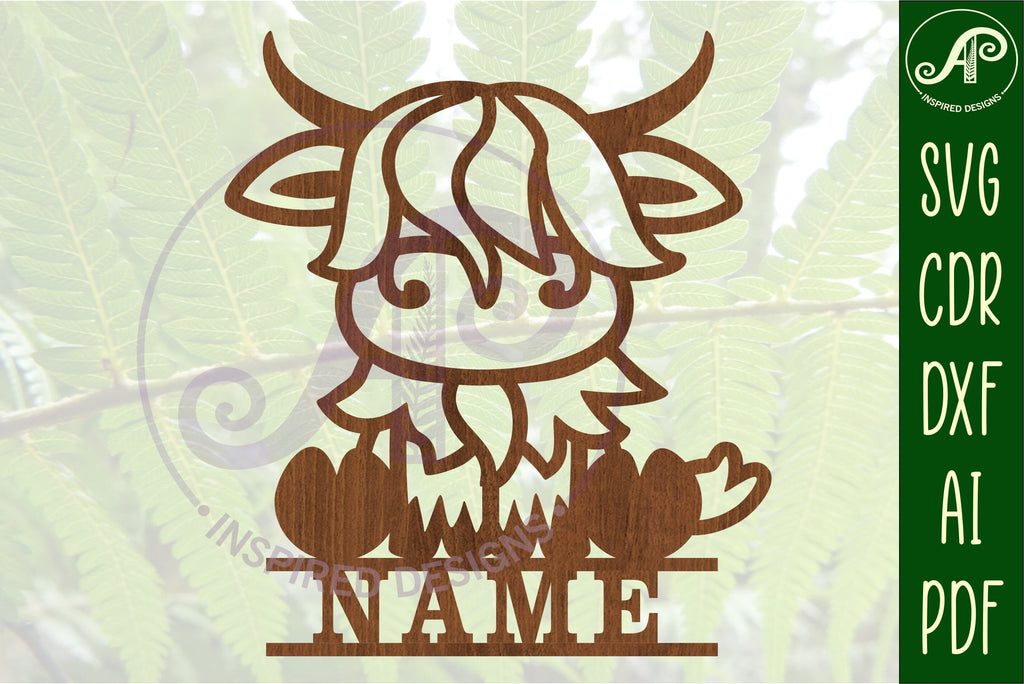 Highland Cow Name sign SVG laser cut template farm animal - So Fontsy