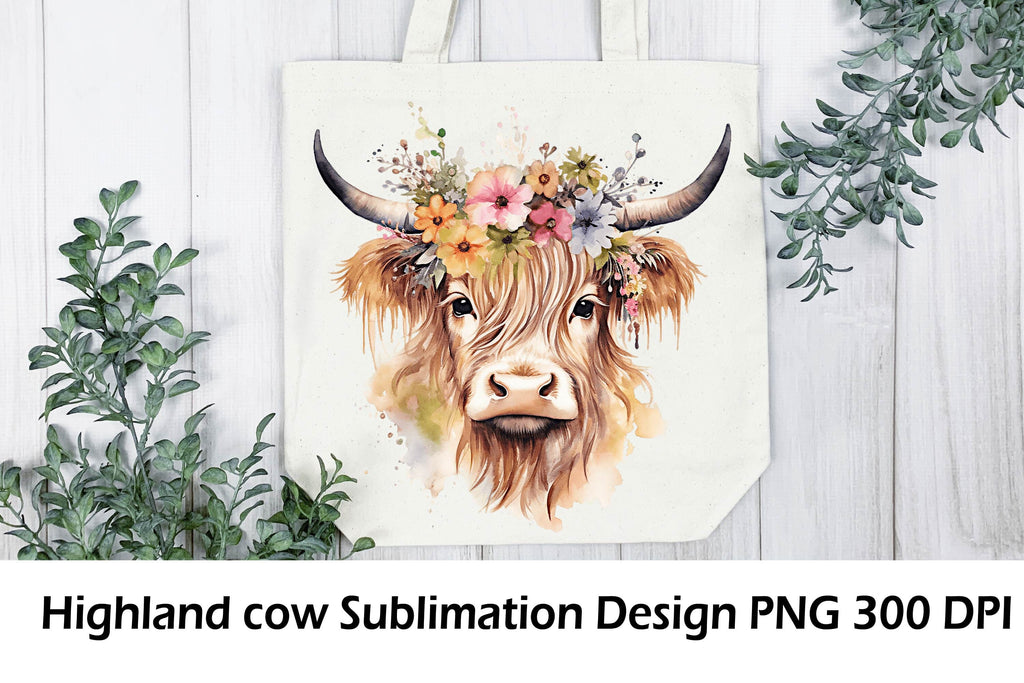 Highland Cow Sublimation. Floral Higland Cow PNG. - So Fontsy