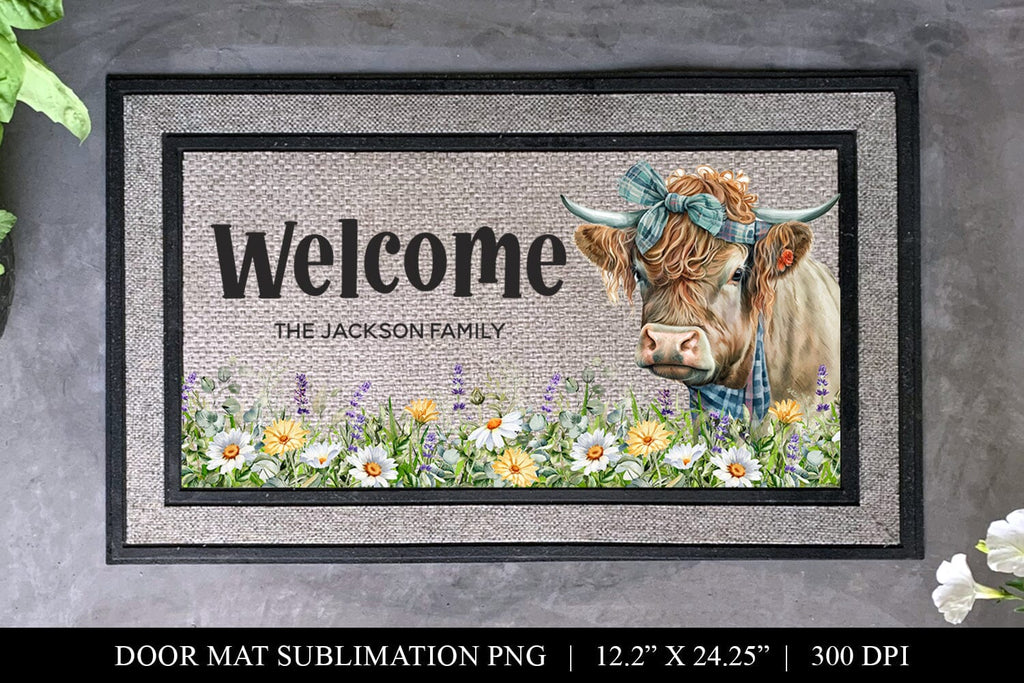 Highland Cow Welcome Door Mat Sublimation Design PNG - So Fontsy