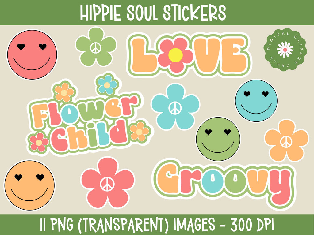 Hippie Soul Sticker Set - Hippie Sticker Pack - 11 Fun Retro Hippie ...