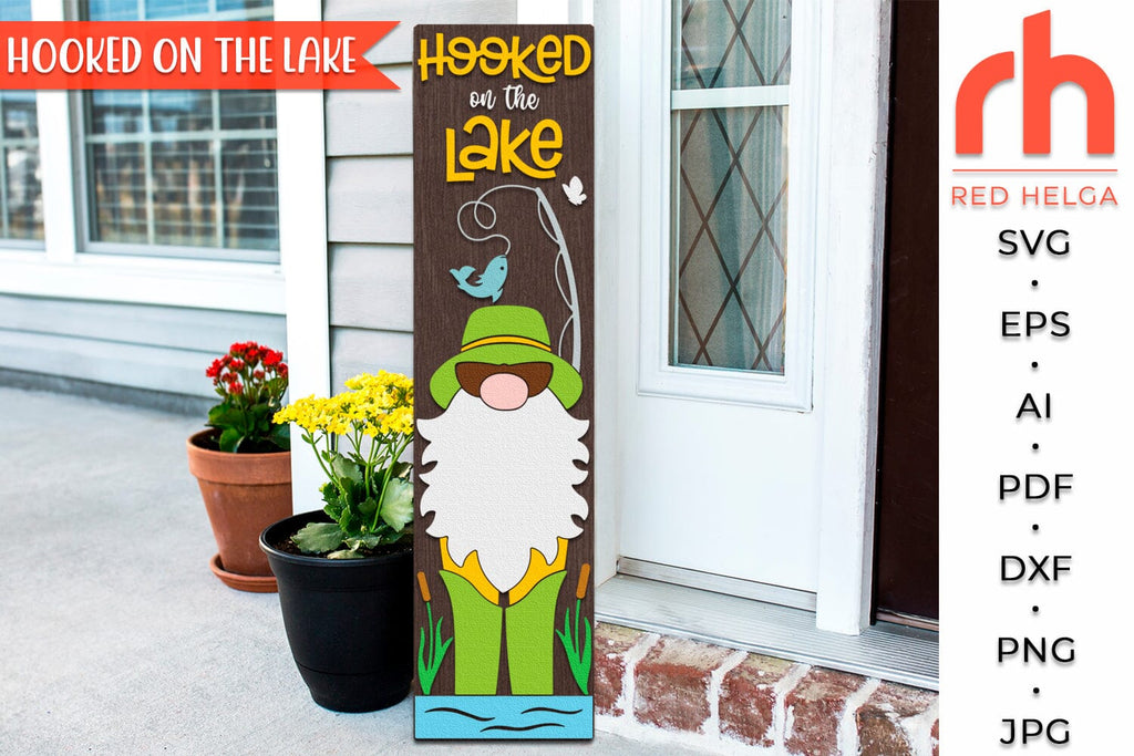 Hooked on the Lake SVG, Porch Board DXF, Gnome Fishing Rod - So Fontsy