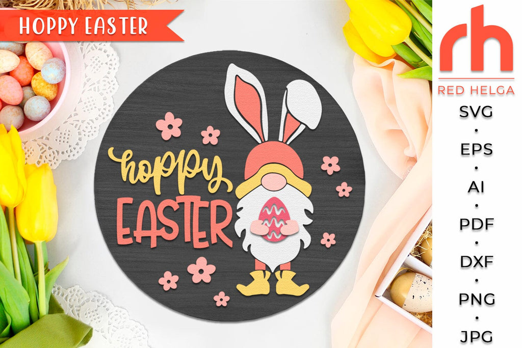 Hoppy Easter SVG, Round Hanger Cut File, Gnome Door Sign DXF - So Fontsy