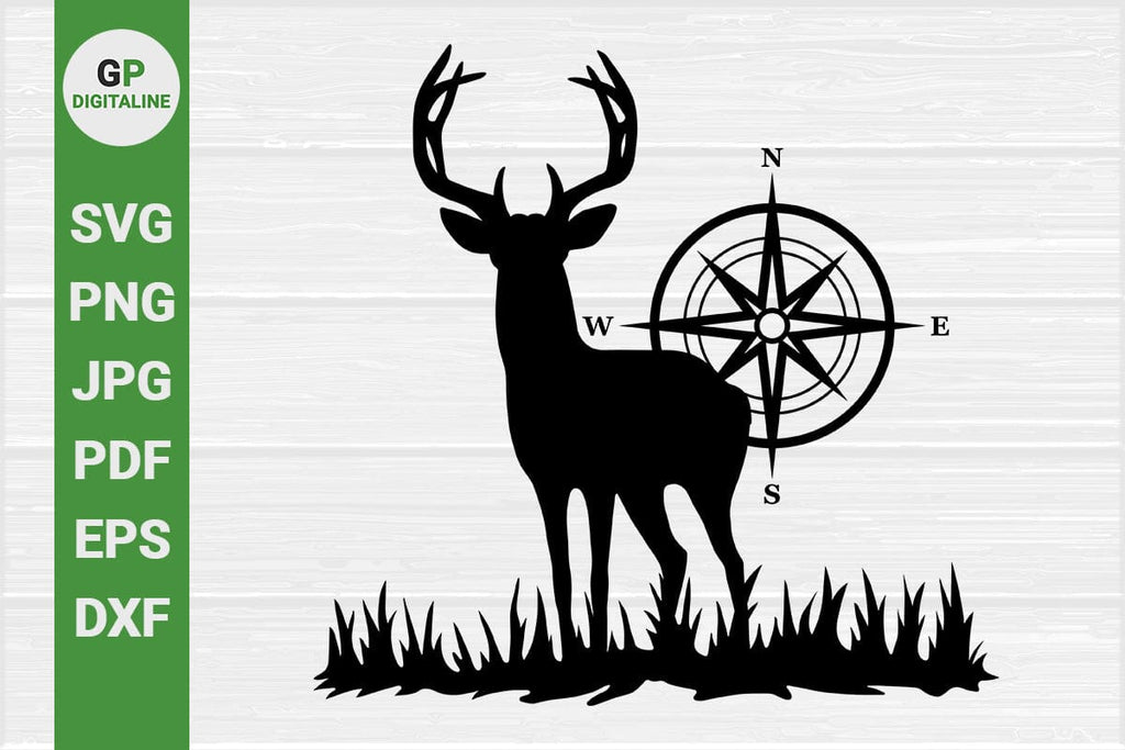 Horned Deer SVG, Compass SVG, Hunting SVG, Woodland Animal SVG, White ...