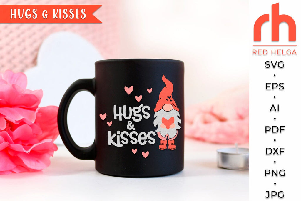 Hugs & Kisses SVG, Round Hanger Cut File, Valentine’s Gnome DXF - So Fontsy