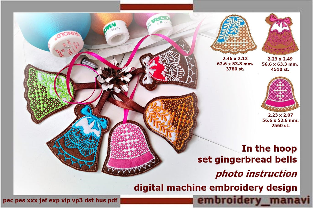 In the hoop set gingerbread bells embroidery design - So Fontsy