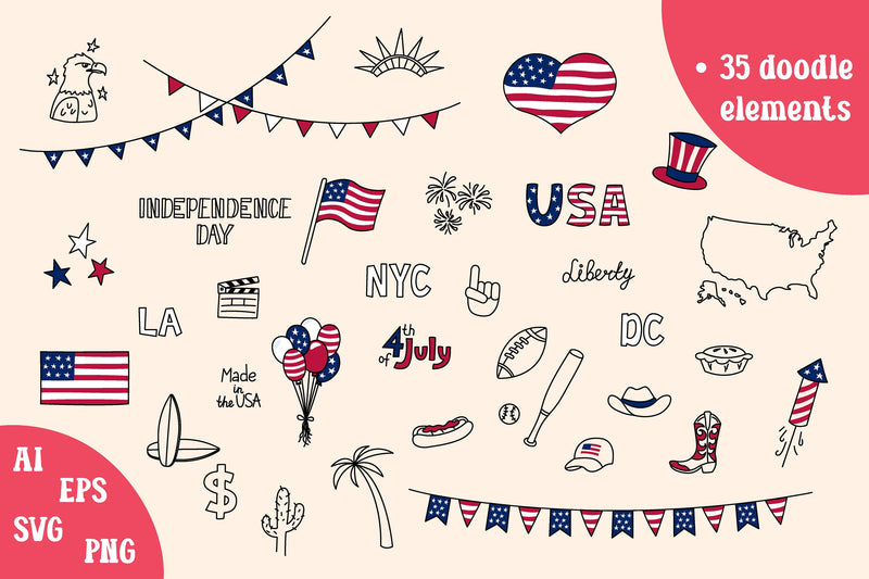Independence Day | USA Doodle Clipart Elements | July 4 Cards - So Fontsy
