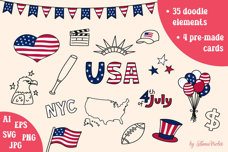 Independence Day | USA Doodle Clipart Elements | July 4 Cards - So Fontsy